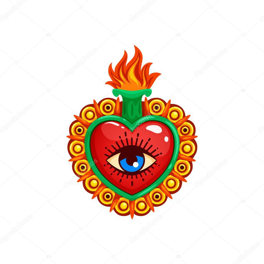 Corazón sagrado mexicano con ojos y llamas ardientes, tatuaje o símbolo ...