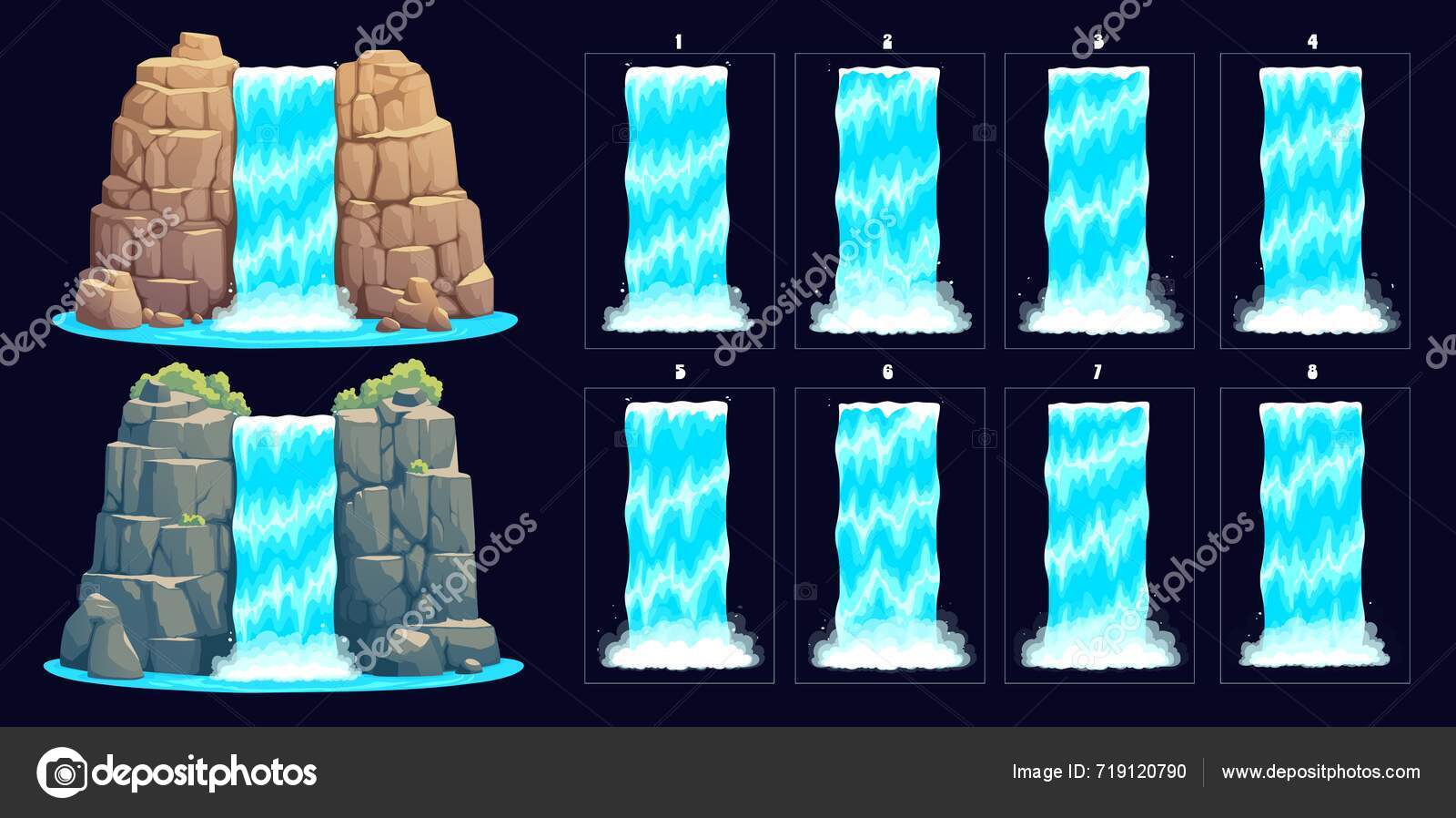 Cascada Sprite Hoja Animación Cascada Agua Corriente Río Vector ...