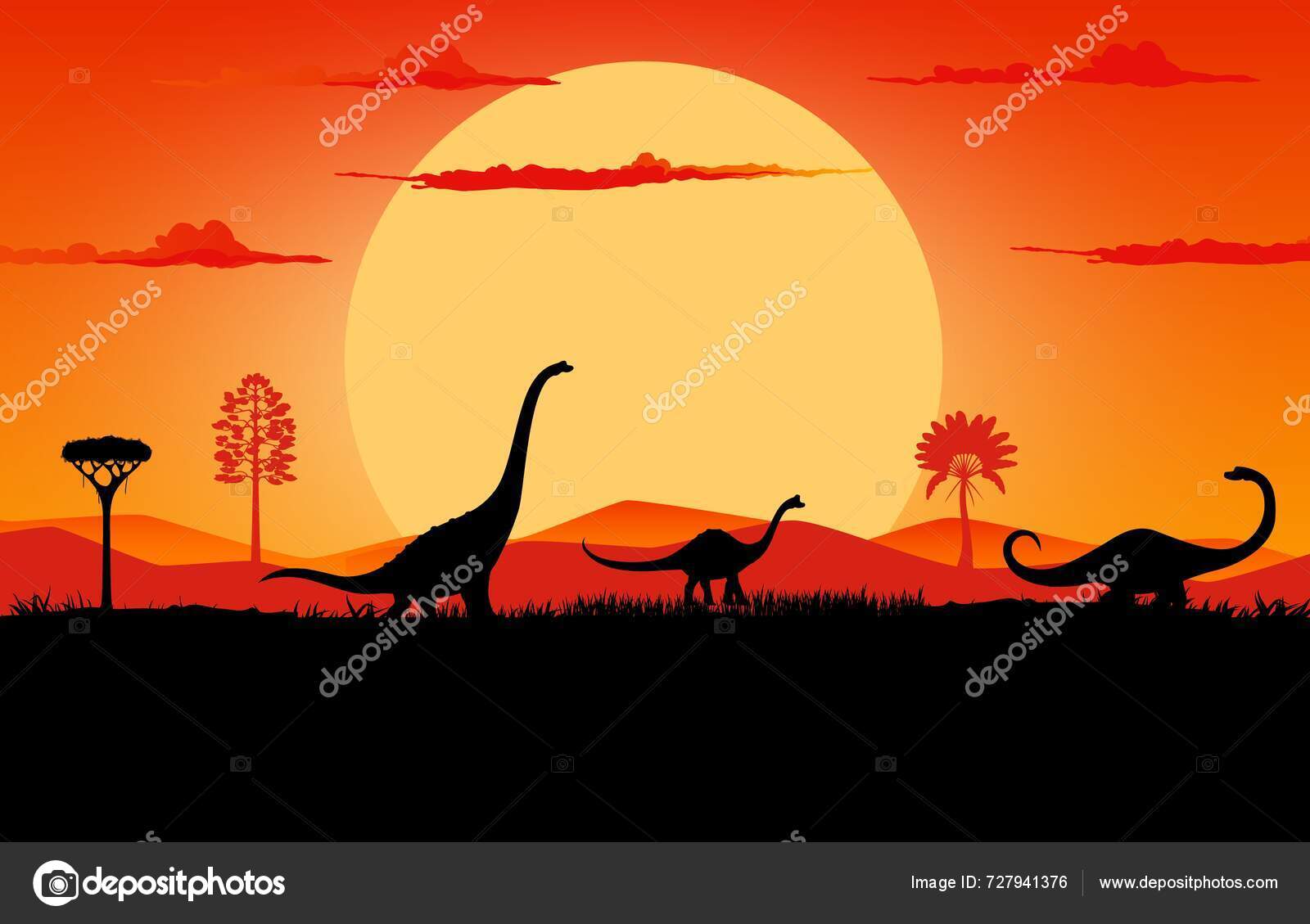 Siluetas Dinosaurios Paisaje Del Atardecer Con Árboles Prehistóricos ...