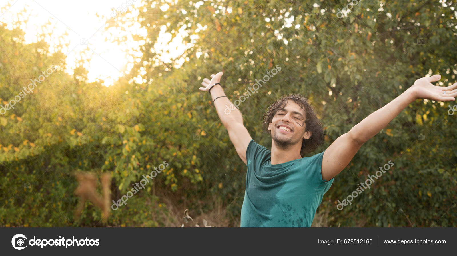 Happy Young Arab Man Enjoying Freedom Raindrops Enjoying Coolness ...