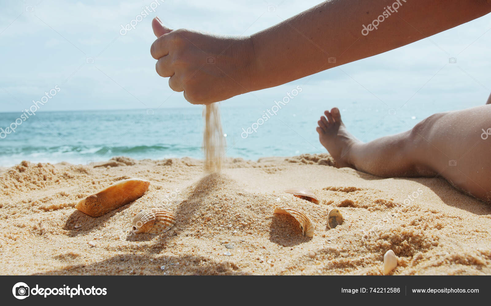 Woman Sits Sandy Sea Beach Sunny Summer Day Sifting Sand — Stock Photo ...
