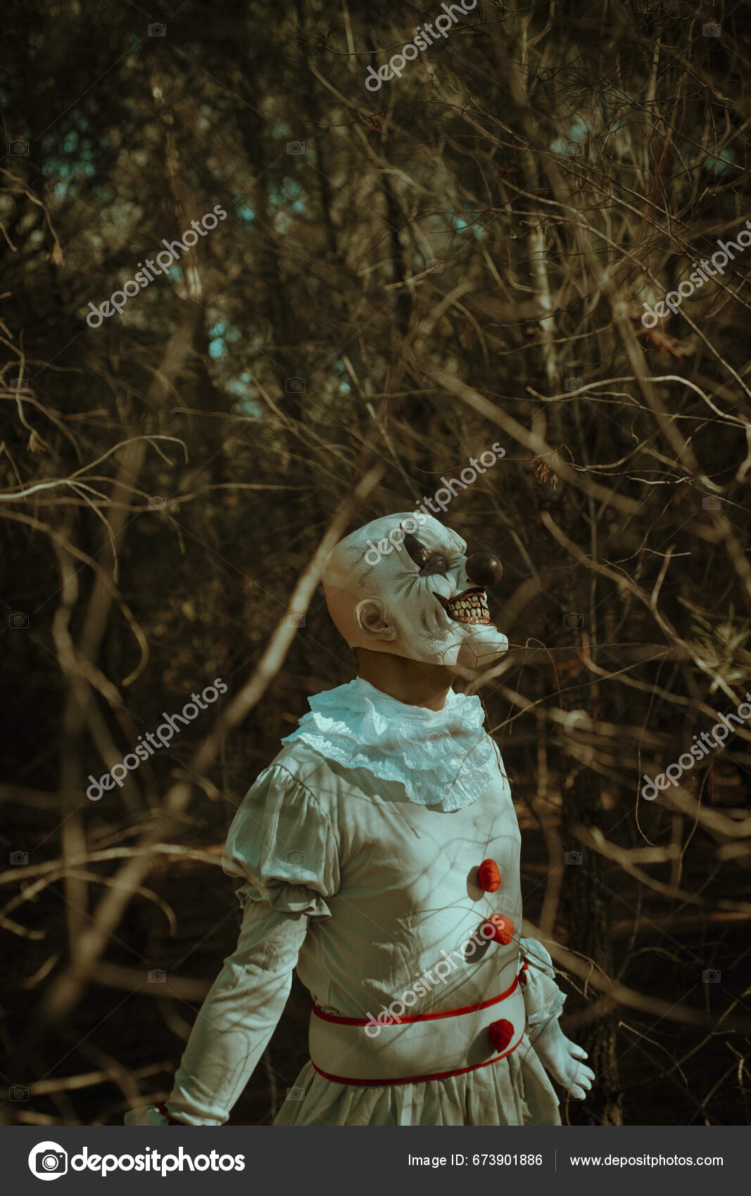 Creepy Evil Clown Wearing Gray Costume White Ruff Red Pom — Stock Photo ...