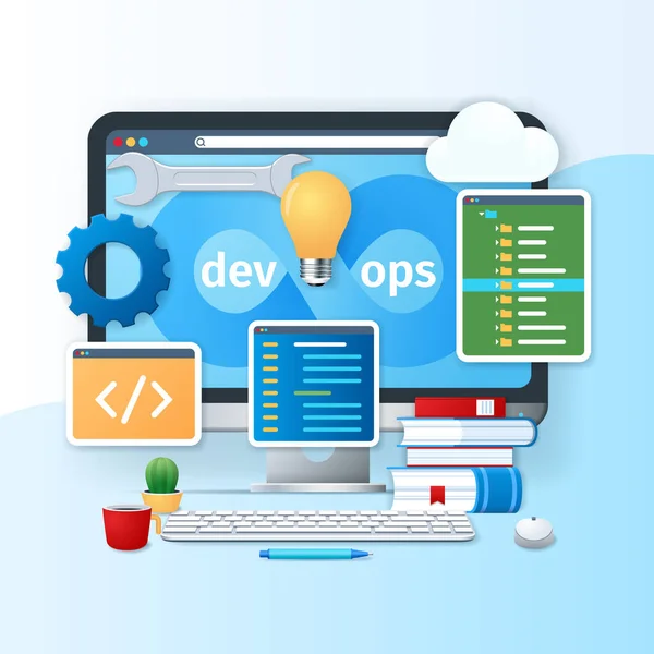 Devops banner. Monitor with development icons on the screen. Software ...