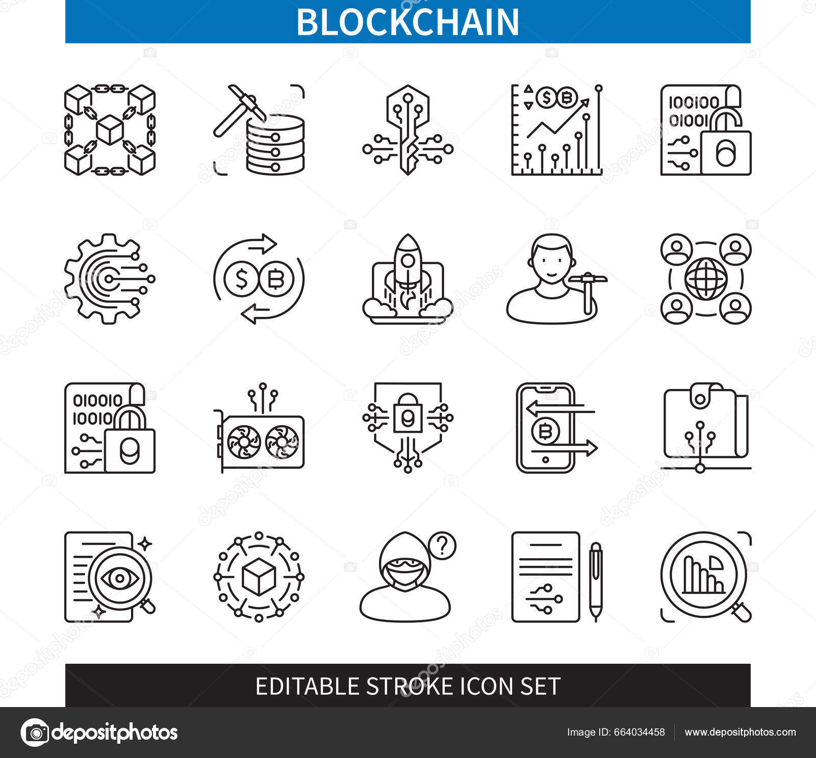 Editable Line Blockchain Outline Icon Set Digital Key Cyber Security ...