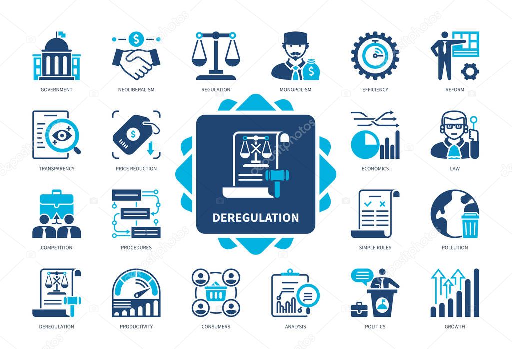 Conjunto de iconos de desregulación. Economía, Competencia ...