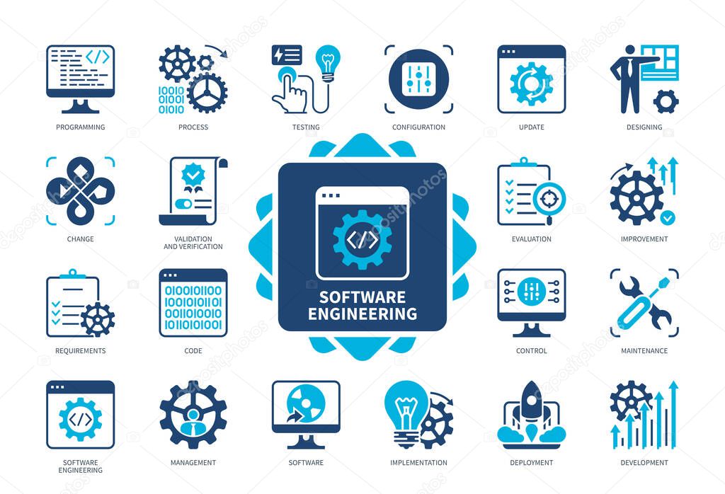 Conjunto de iconos de ingeniería de software. Mantenimiento, Diseño ...