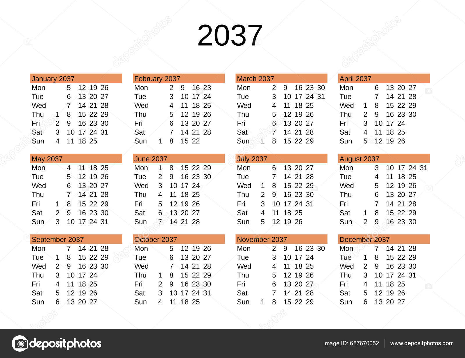 Calendar Year 2037 English Language Stock Vector by ©claudiodivizia ...