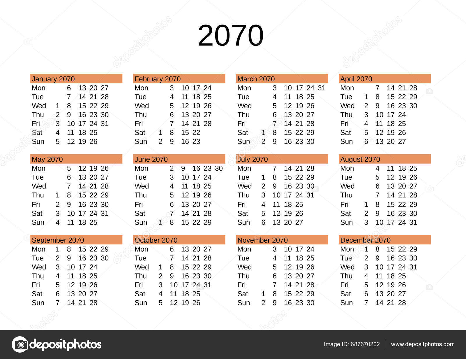 Calendar Year 2070 English Language Stock Vector by ©claudiodivizia ...