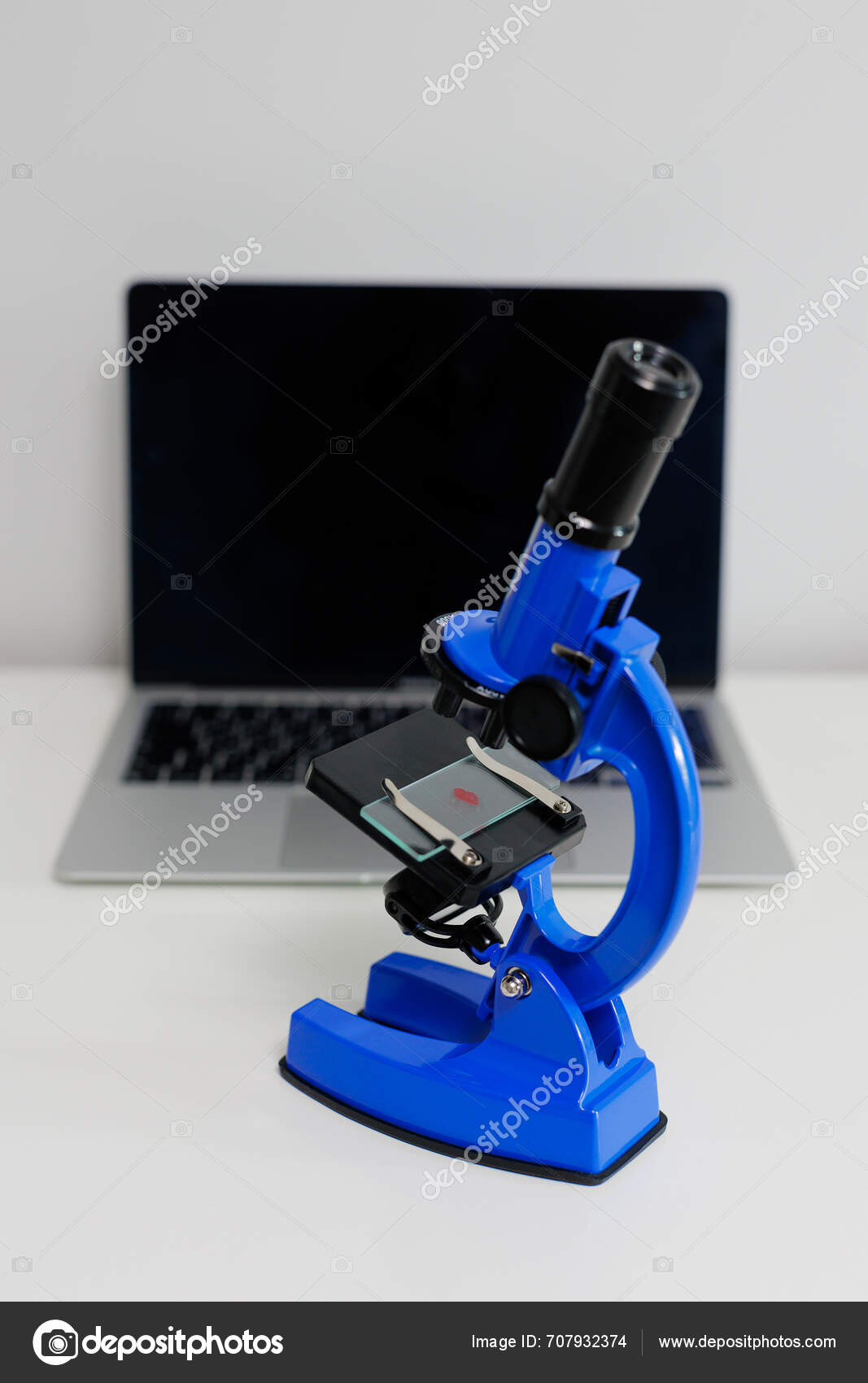 Computer Black Screen Blue Microscope White Table — Stock Photo © Di ...