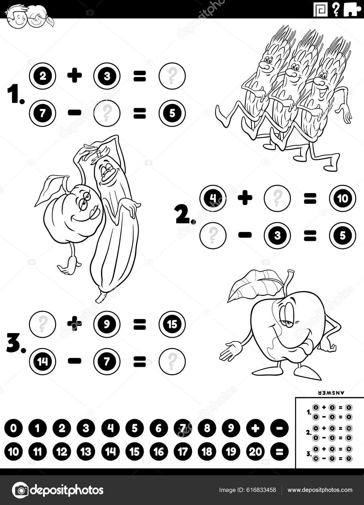 Black White Cartoon Illustration Educational Mathematical Addition ...