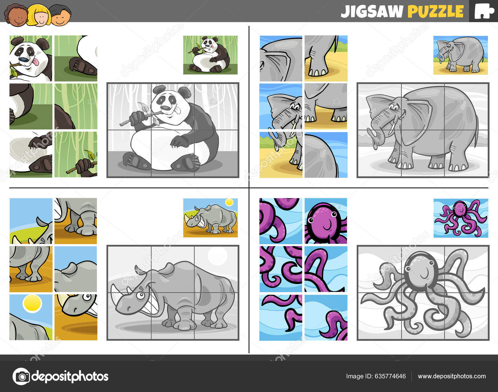 Cartoon Illustration Educational Jigsaw Puzzle Games Set Funny Wild ...