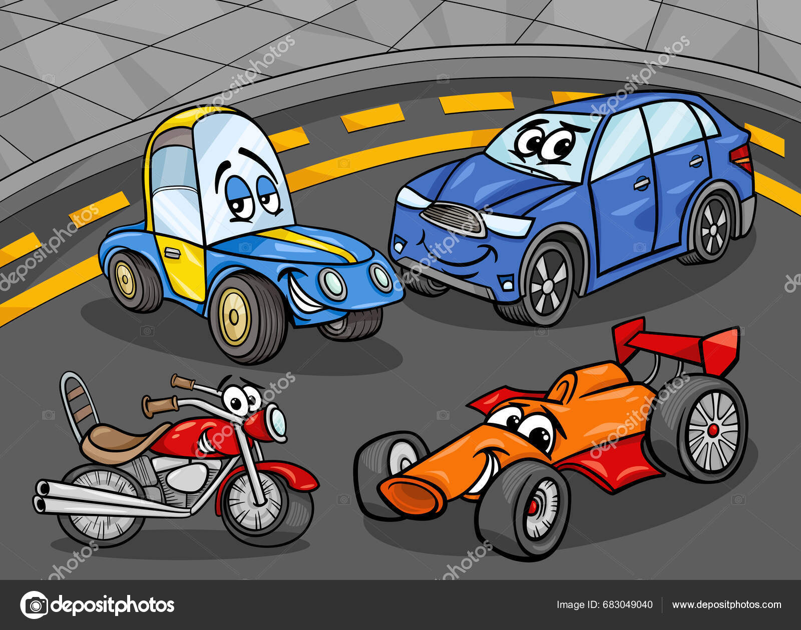 Cartoon Ilustrace Automobilů Vozidel Komické Postavy Skupiny Ulici ...