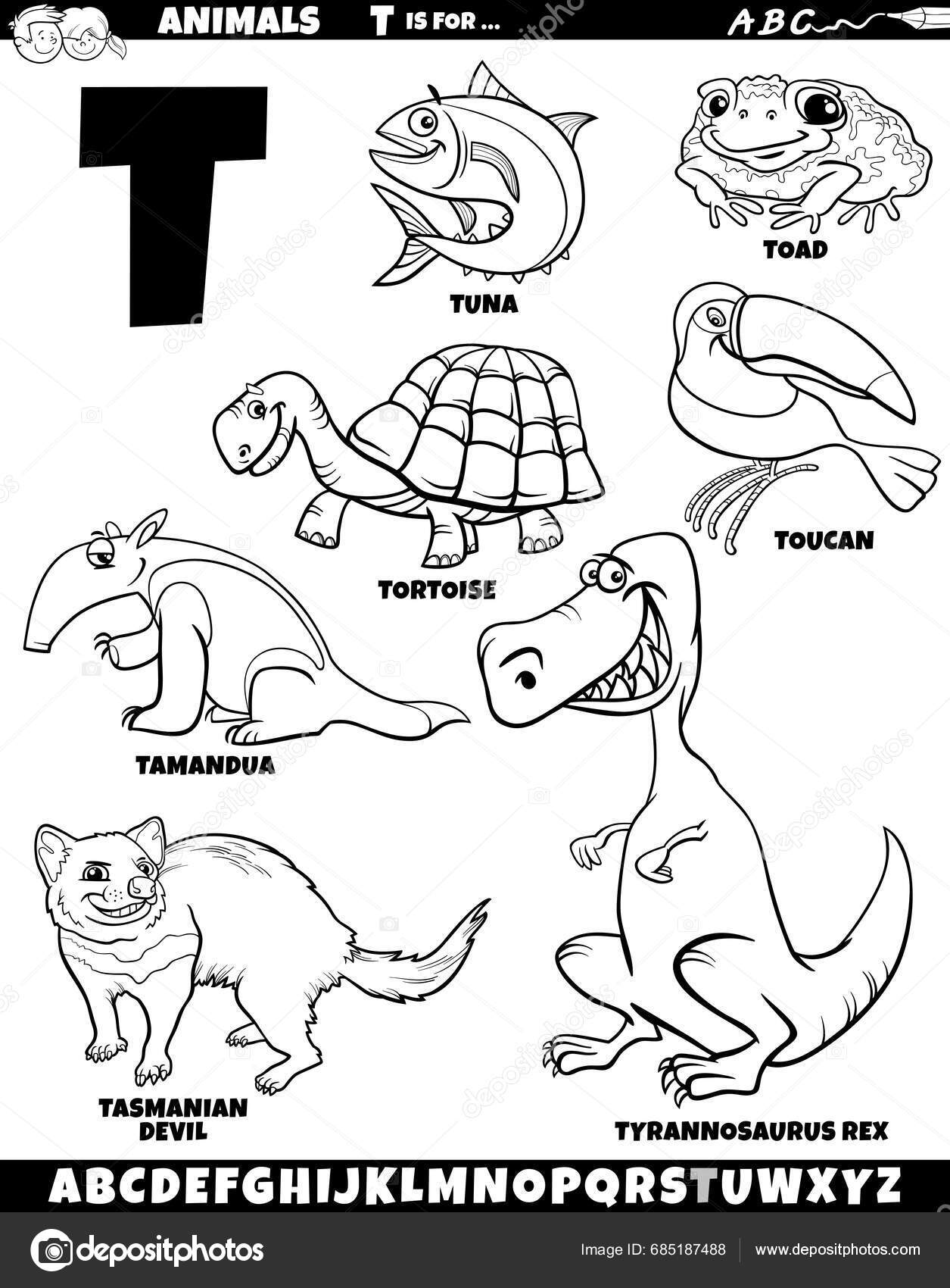 Dibujos Animados Ilustración Personajes Animales Establecidos Para Letra Para Colorear Vector de ...