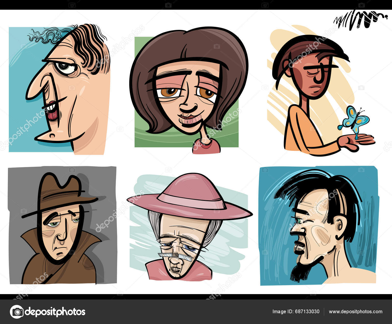 Esboço Desenho Animado Caricatura Ilustração Conjunto Pessoas ...