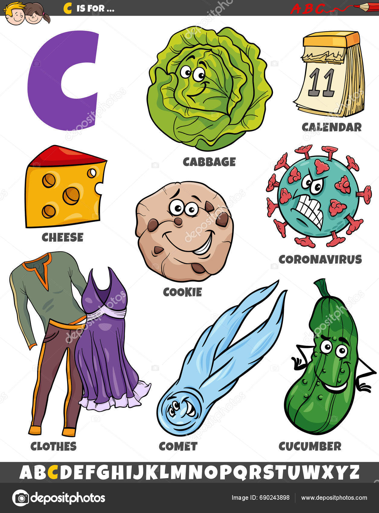 Dibujos Animados Ilustración Objetos Personajes Establecidos Para Letra ...