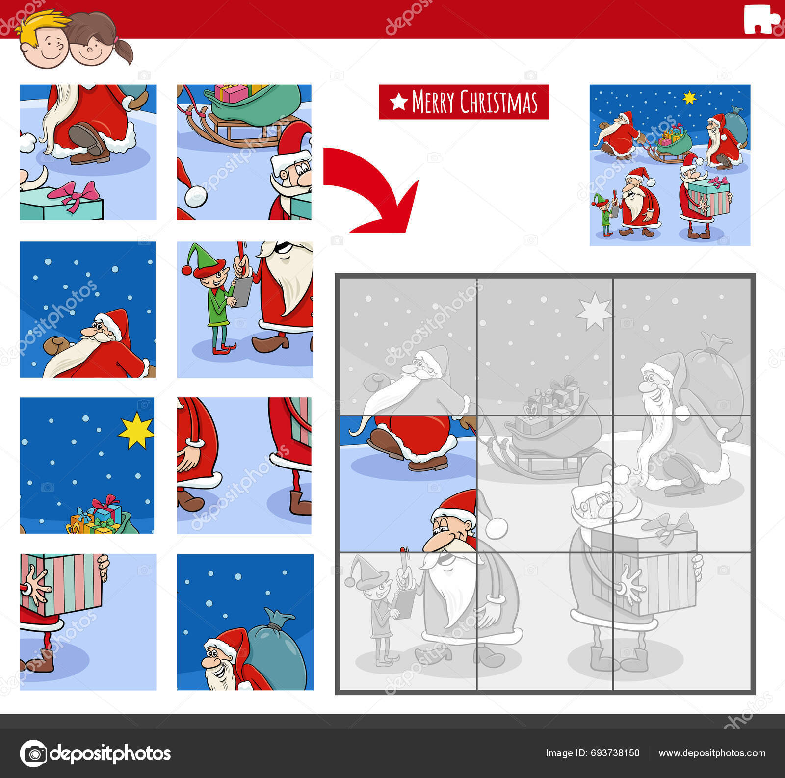 Cartoon Illustration Educational Jigsaw Puzzle Game Santa Clauses ...