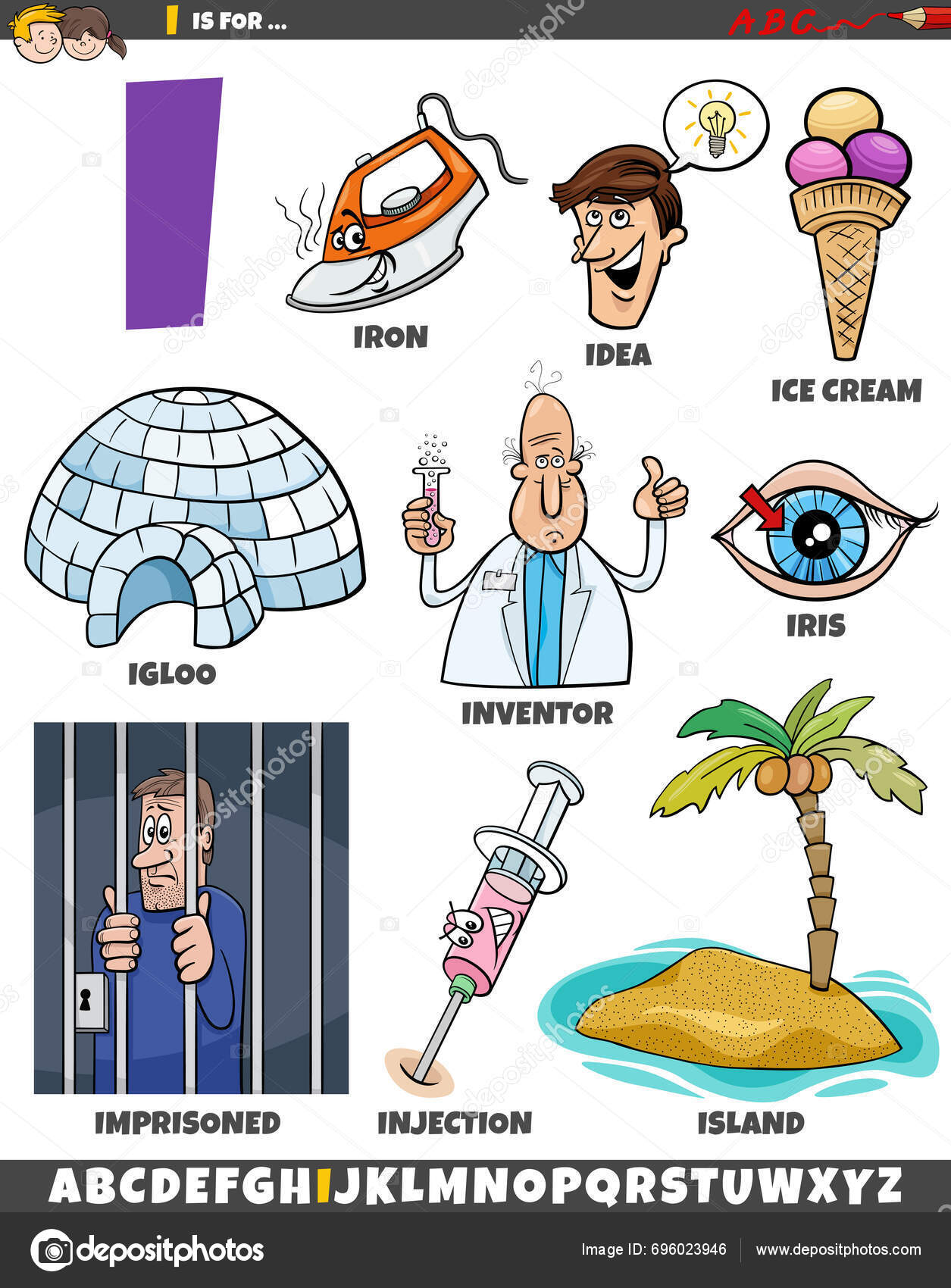 Dibujos Animados Ilustración Objetos Personajes Establecidos Para Letra ...