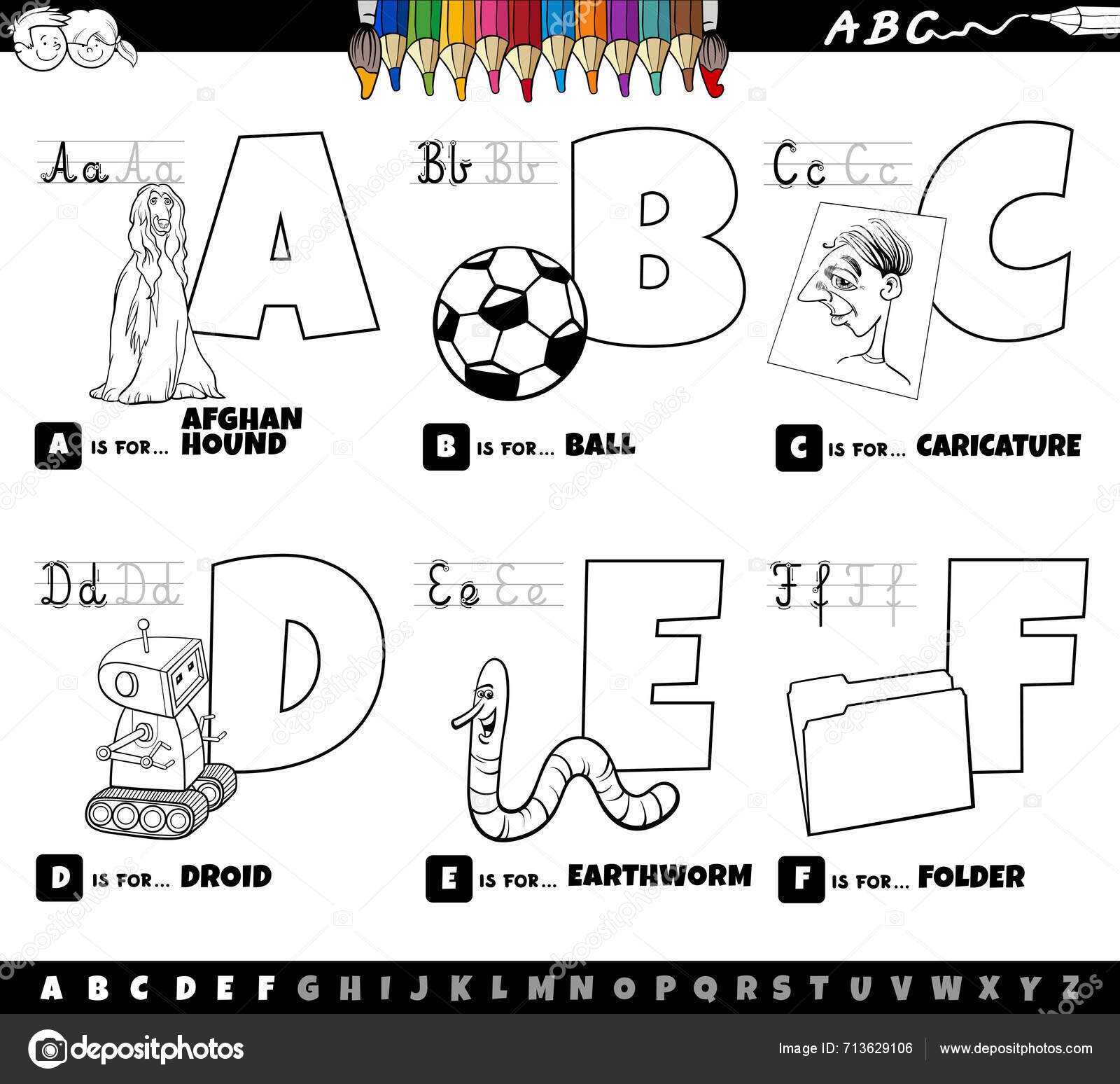 Black White Cartoon Illustration Capital Letters Alphabet Educational ...