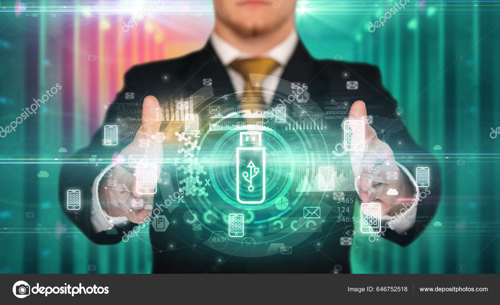 Businessman Holding Data Carrier Icon His Hands Multiple Technology ...