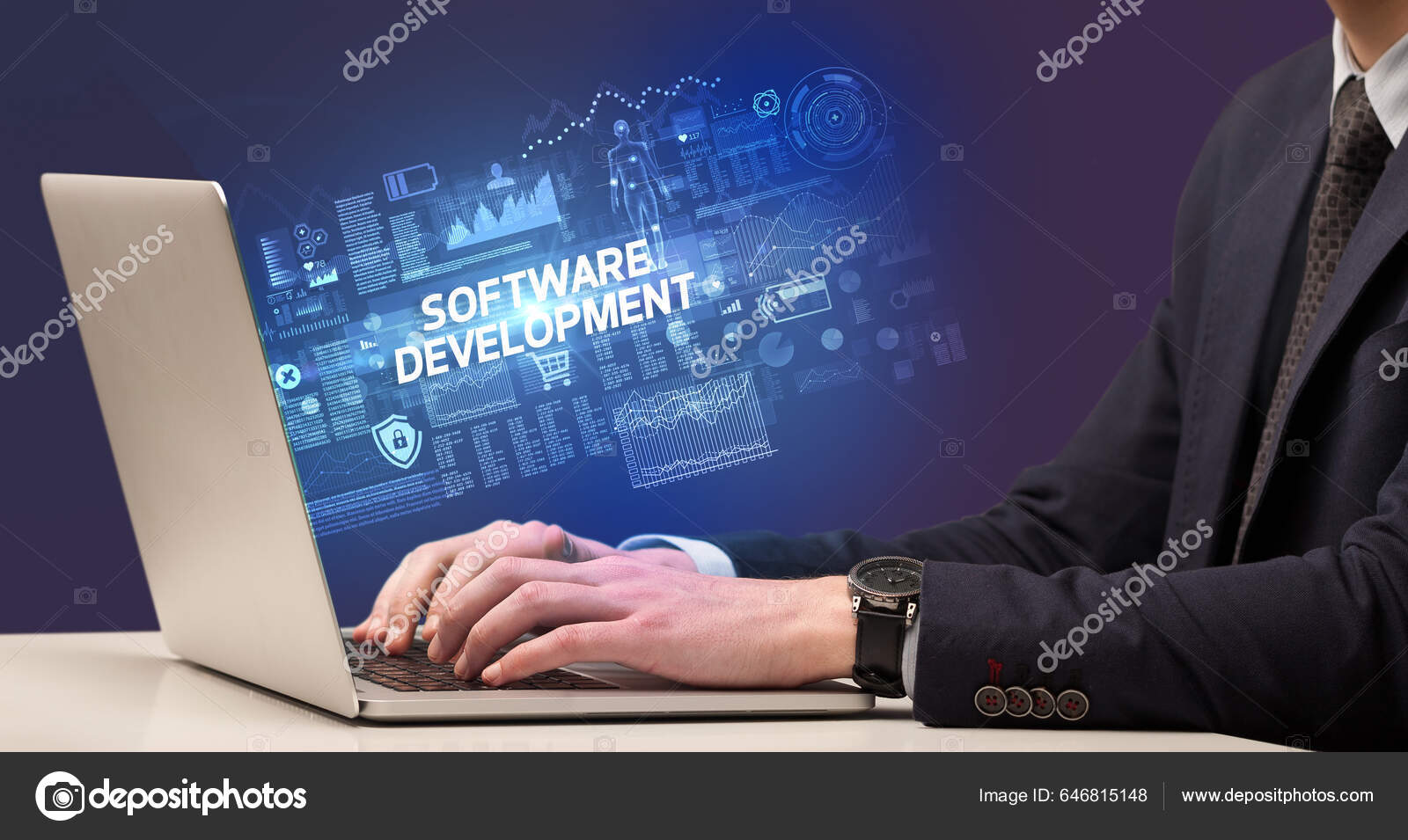 Businessman Working Laptop Software Development Inscription Cyber ...