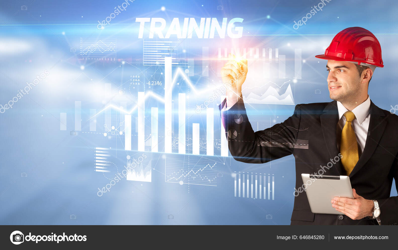 Handsome Businessman Helmet Drawing Training Inscription Architecture ...