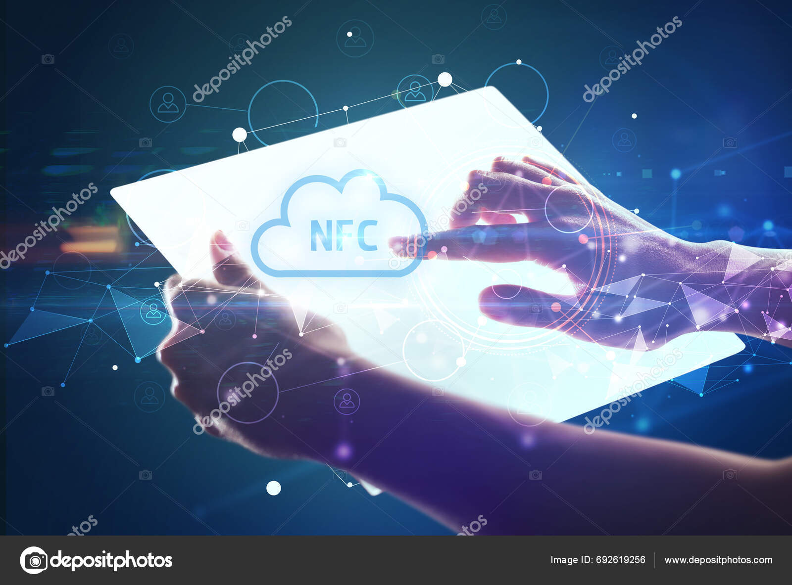 Hand Holdig Futuristic Tablet Nfc Inscription Modern Technology Concept ...