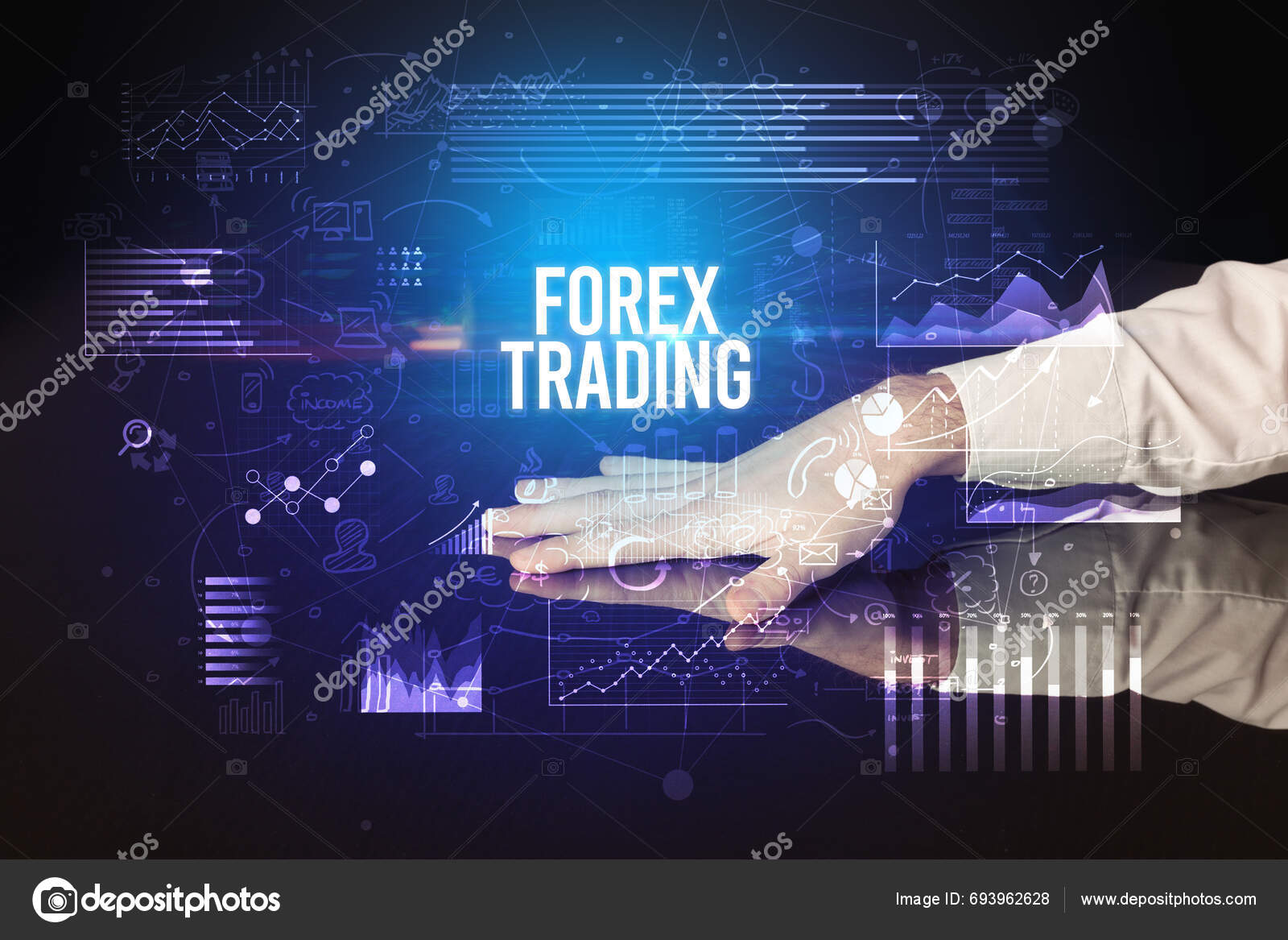Businessman Touching Huge Screen Forex Trading Inscription Cyber ...