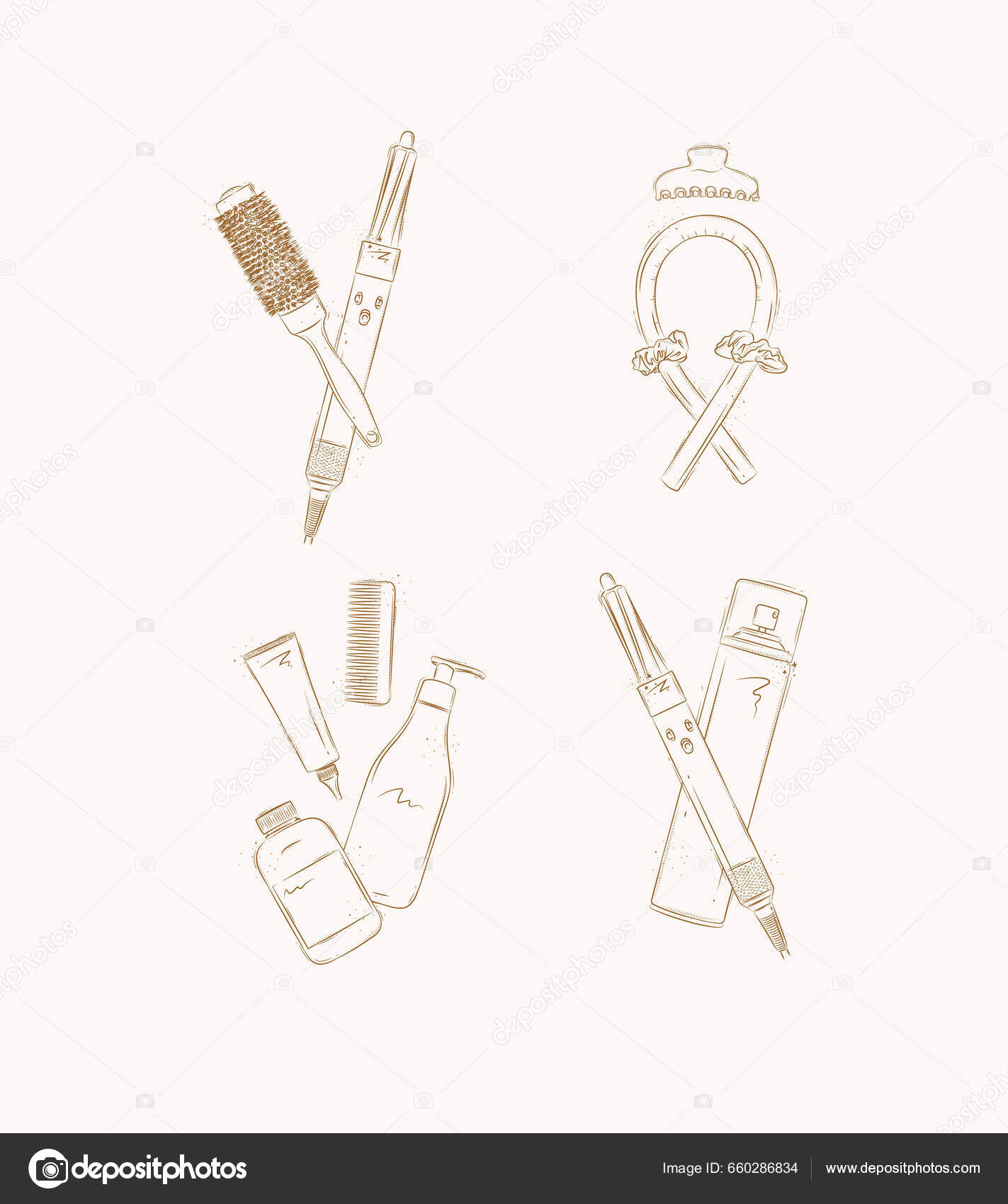 Curl Syling Tools Composition Drawing Brown Background Stock Vector by ...