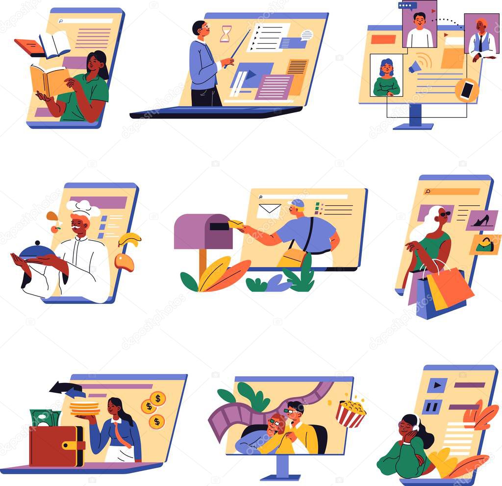 Trabajando en línea, personas enseñando y explicando. Médicos con telemedicina, chef haciendo ...