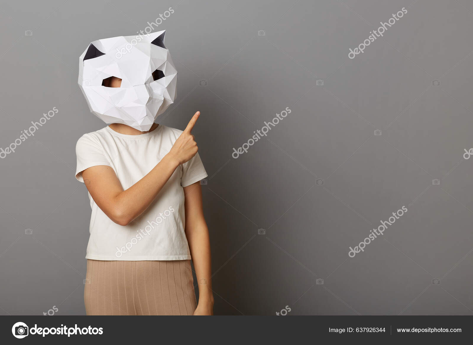 Portrait Anonymous Woman Wearing Cat Paper Mask White Shirt Pointing ...
