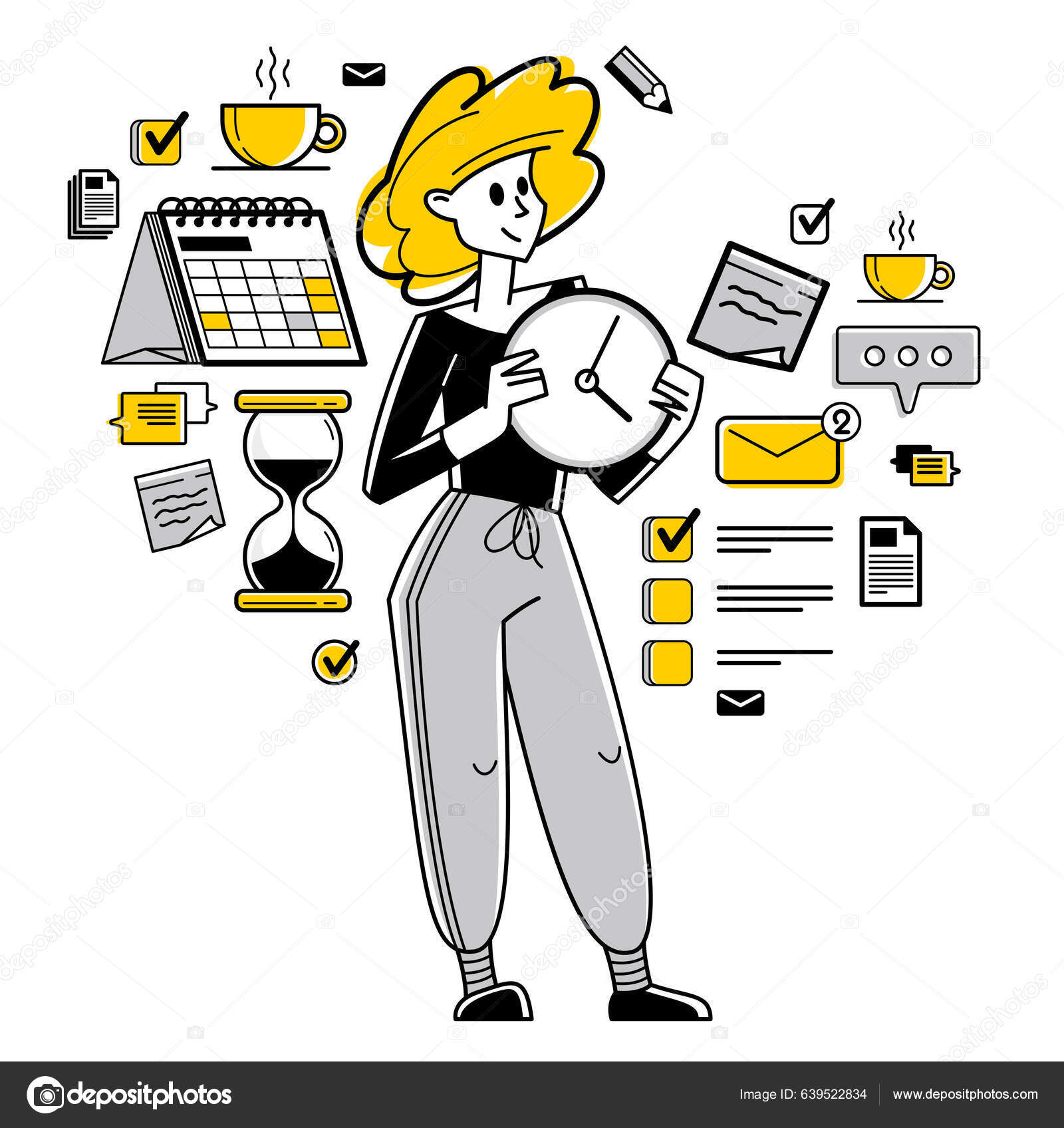Time Management Vector Outline Illustration Worker Planning Deadline ...