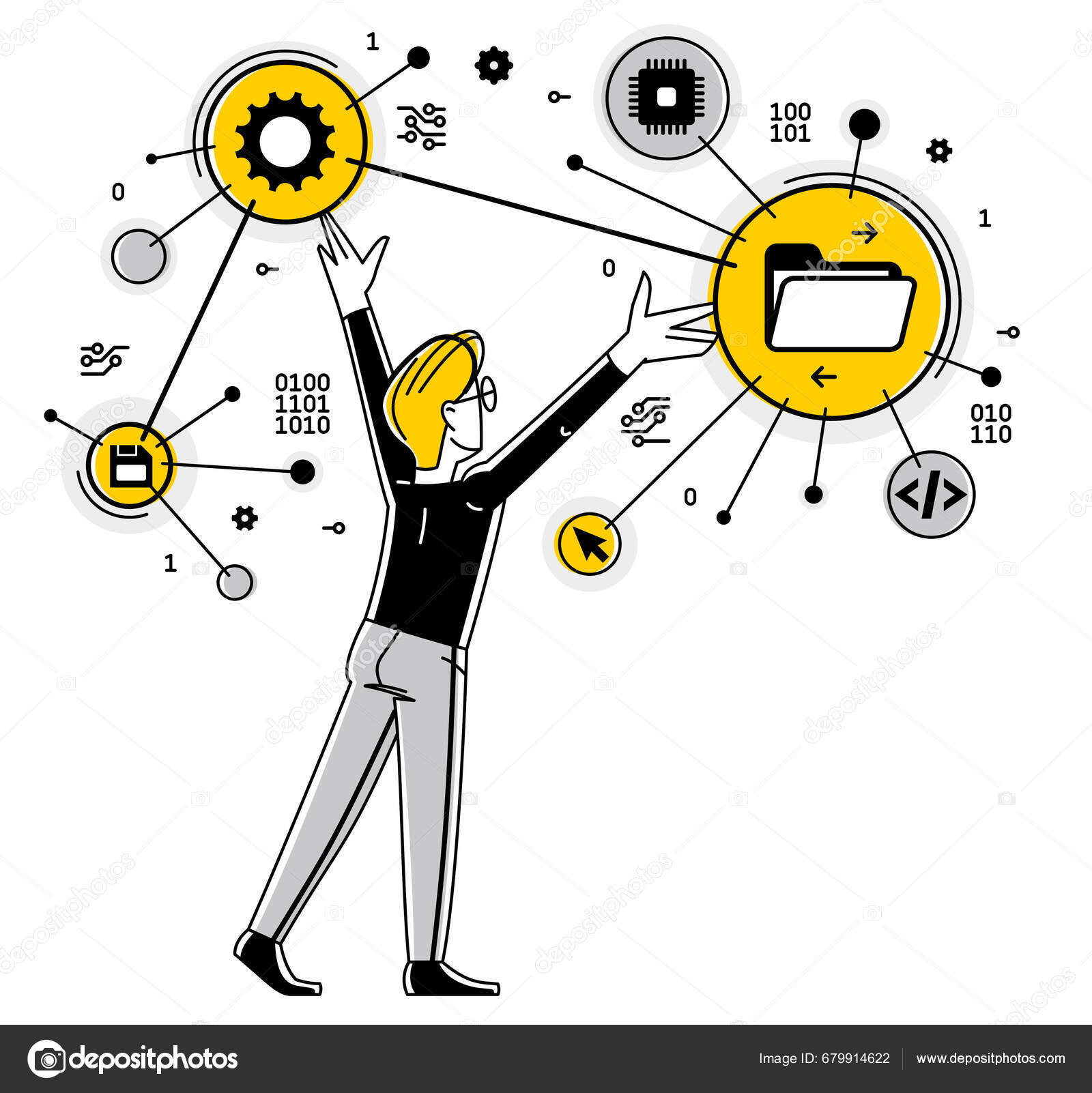 Programmer Coding Repairing Some Machine System Vector Outline Illustration Computer Stock