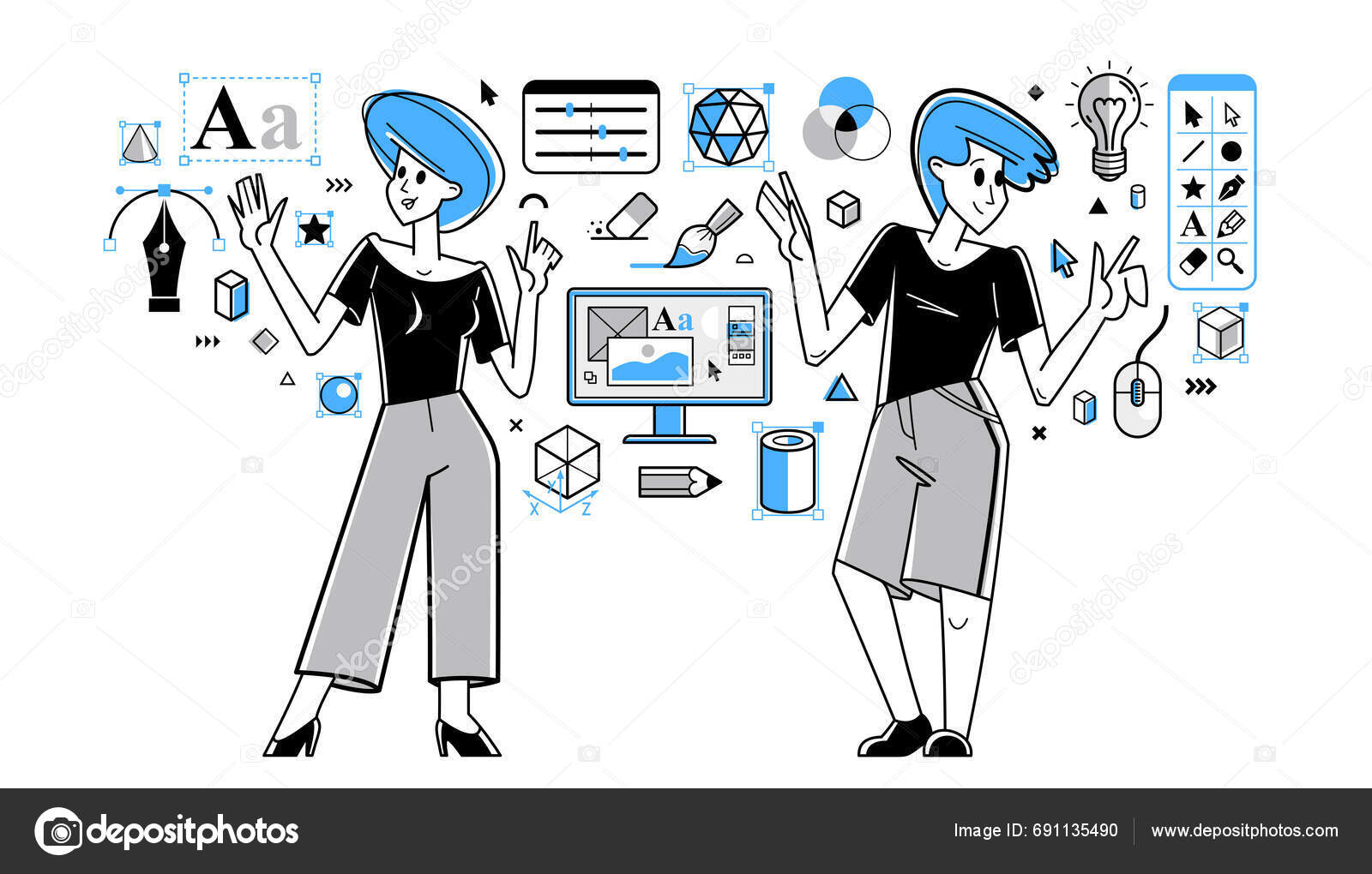 Graphic Designers Team Working Some Creative Project Vector Outline ...