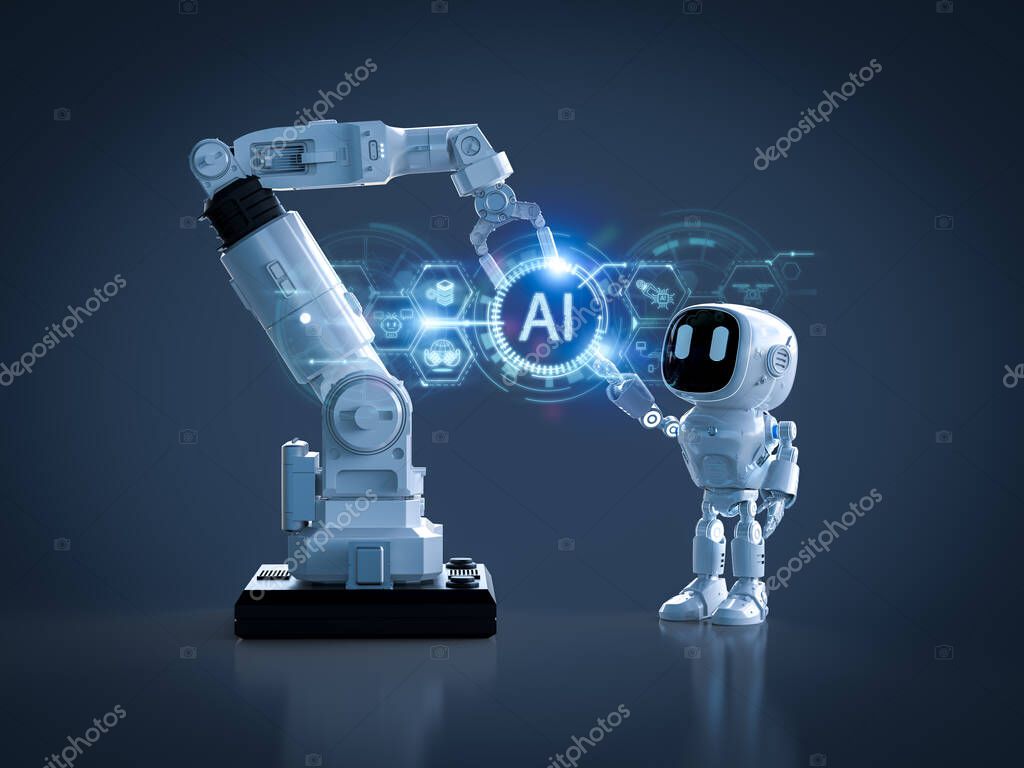 brazo robótico de renderizado 3d con pantalla de interfaz digital ai 2025