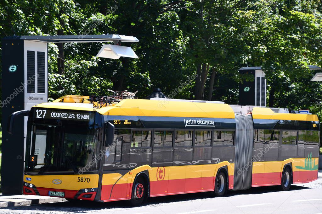 WARSAW, POLAND - JUL 12: Electric Public Bus in Warsaw, Poland, as seen ...