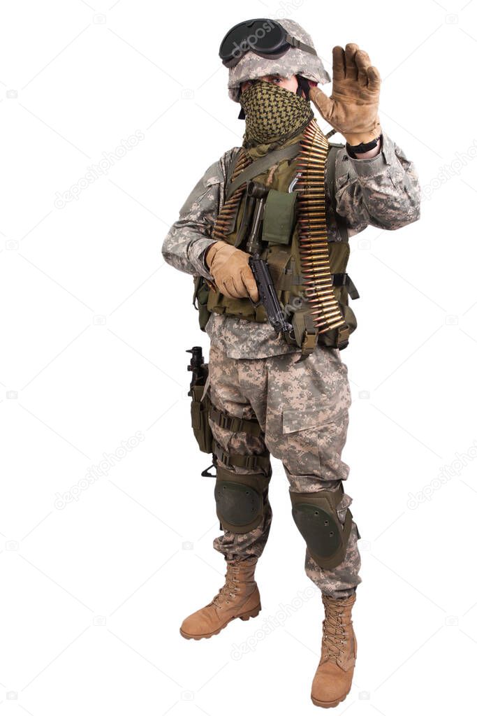 Soldado del Ejército de Estados Unidos con pistola. Aislado sobre fondo ...