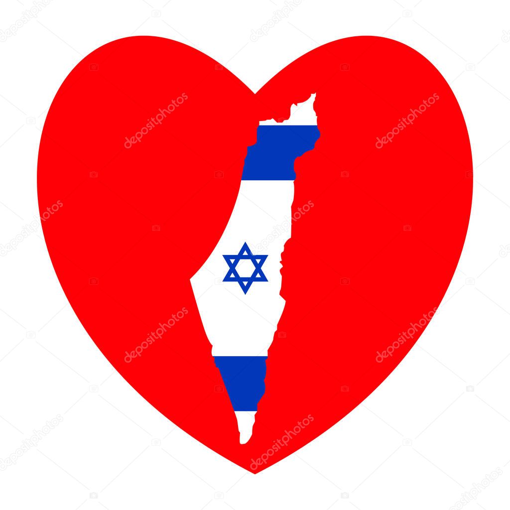Corazón rojo y mapa de Israel. Bandera blanca azul israelí abstracta ...