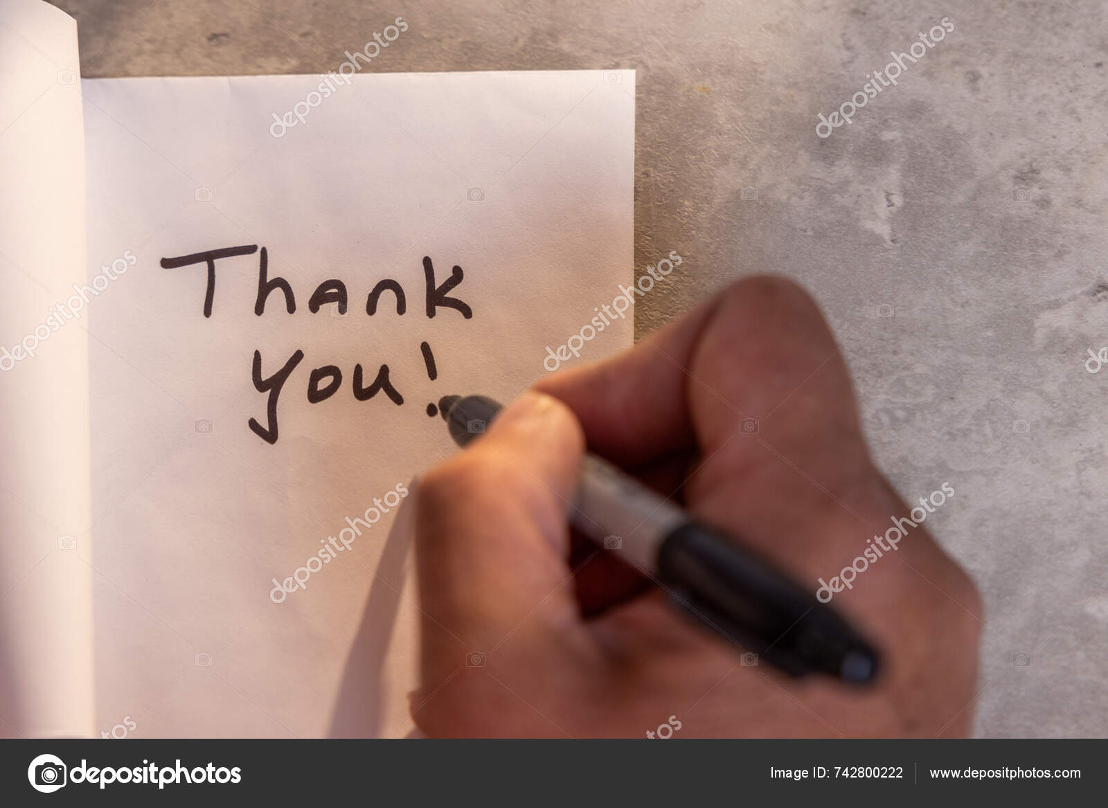 Person Writing Thank You Note Piece Paper Note Wooden Table — Stock ...