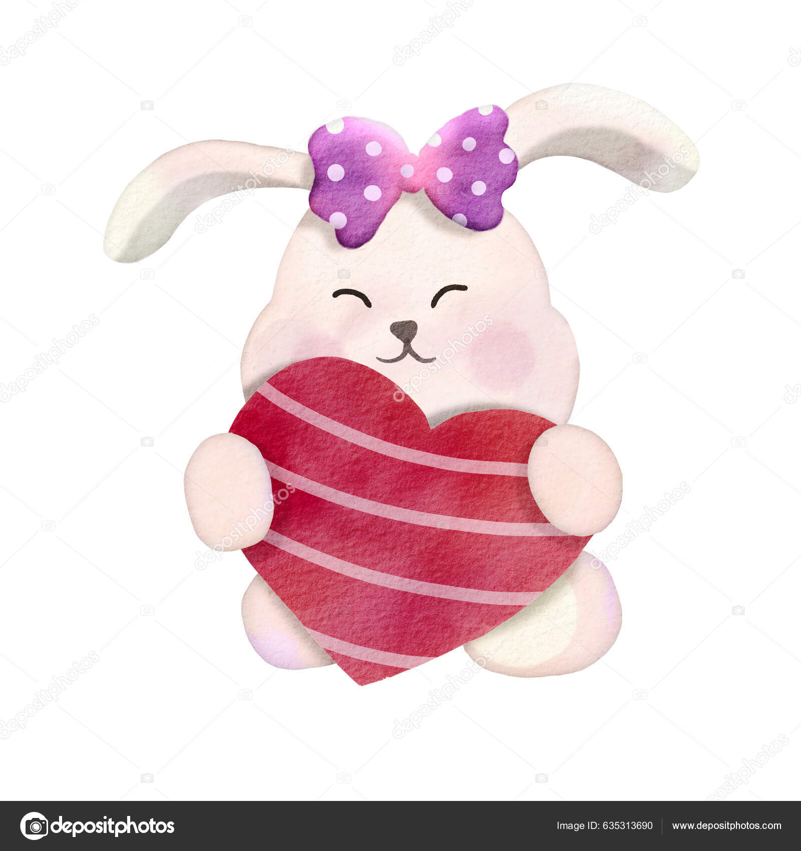 Watercolor Illustration Very Cute Rabbit Hugging Heart Hand Drawing ...