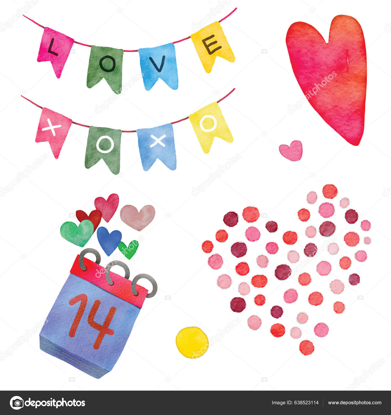 Love Objects Many Various Romantic Objects Watercolor Illustration Cute ...