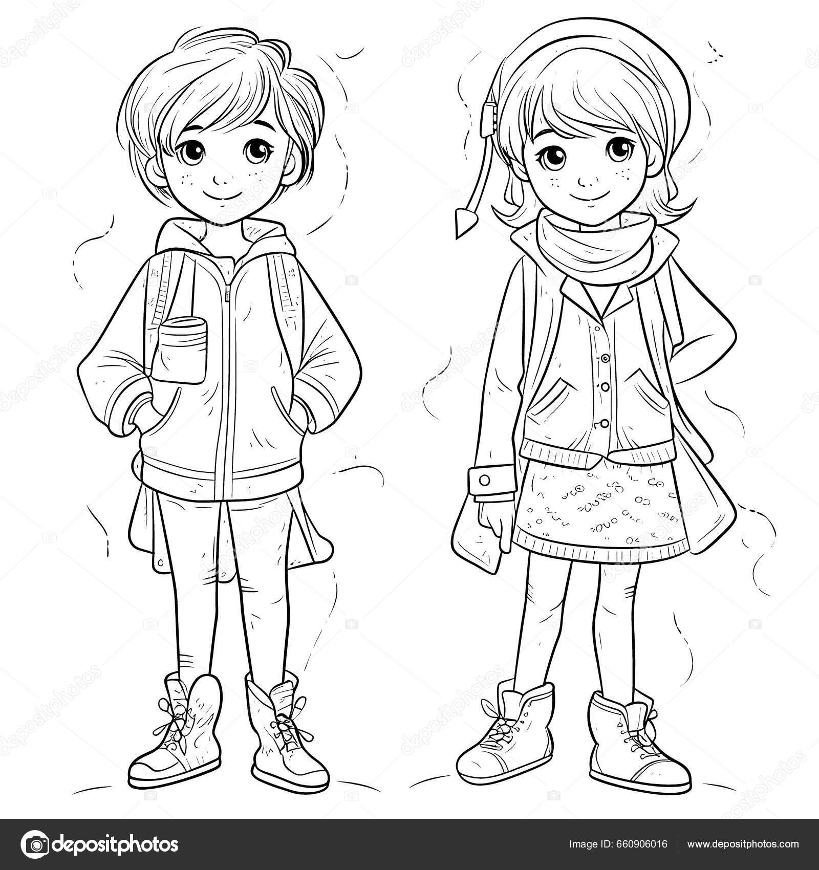 Black White Coloring Pages Kids Simple Lines Cartoon Style Happy Stock ...