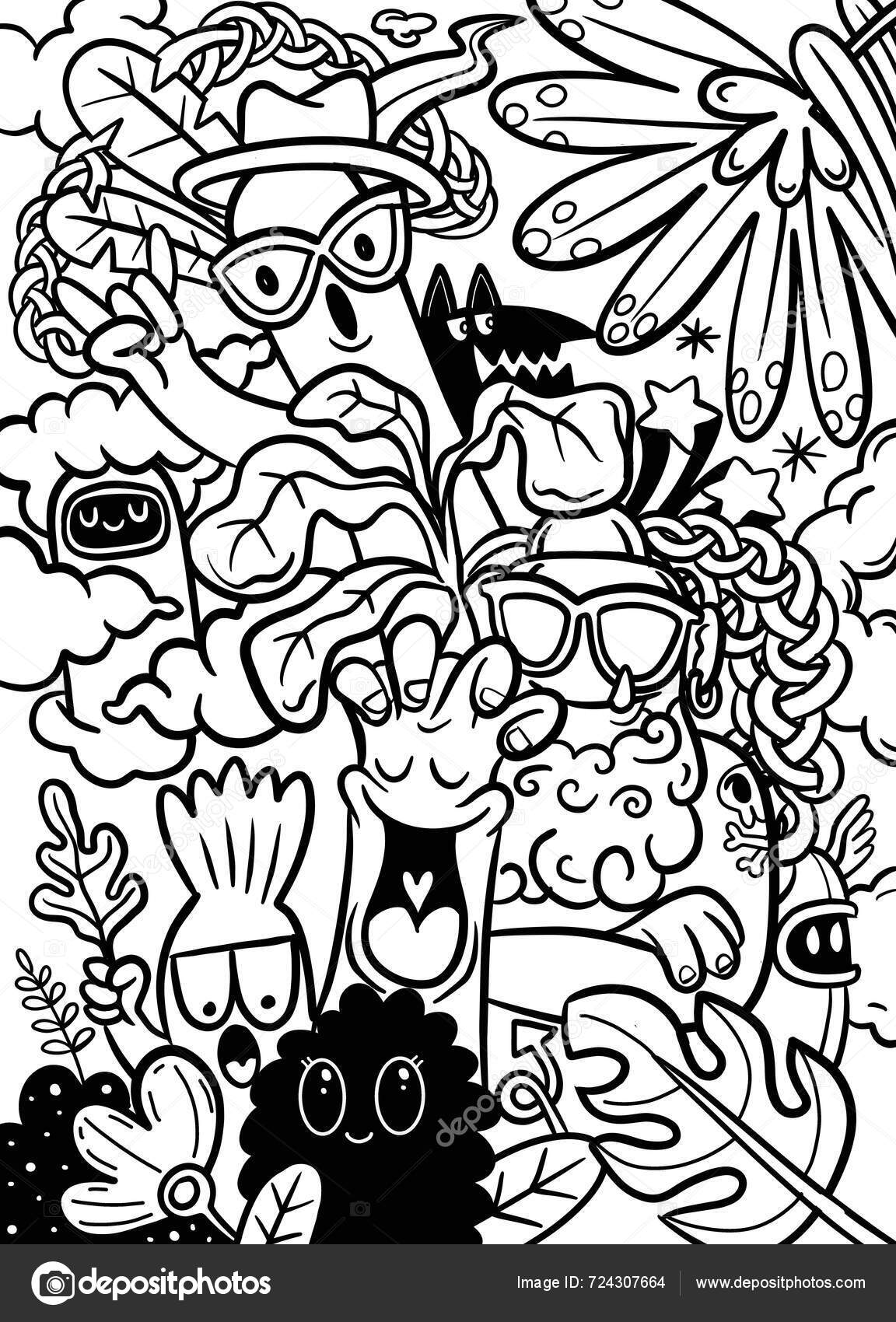 Playful Black White Doodles Whimsical Forest Creatures Plants Ideal ...