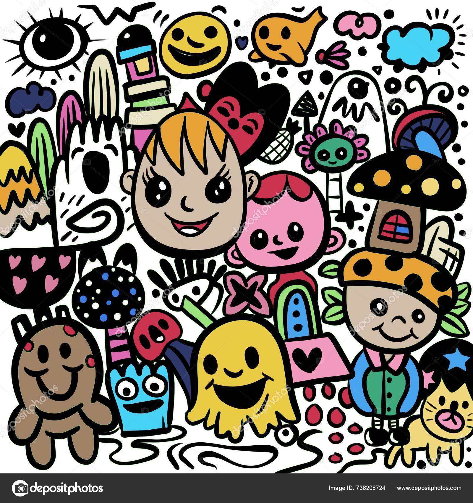 Cartoon Illustration Featuring Variety Playful Characters Whimsical ...