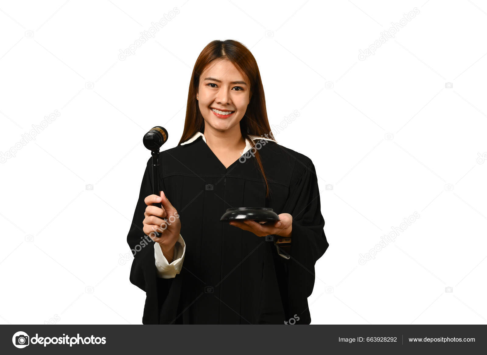 Portrait Female Judge Dressed Robe Gown Uniform Gavel Hammer Mallet ...