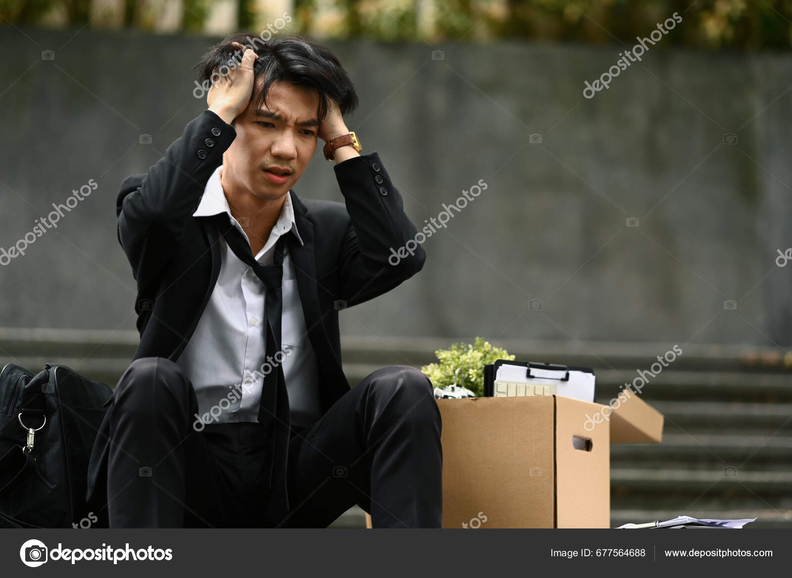 Upset Male Office Worker Sitting Hopelessly Stairs Building Box ...