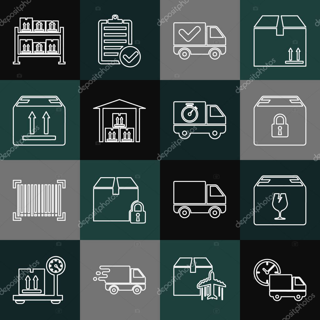 Set line Delivery truck and clock box with fragile content Locked package check mark Warehouse ...