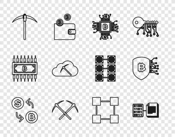 Set line Cryptocurrency exchange, Smart contract, CPU mining farm, Crossed pickaxe, Pickaxe ...