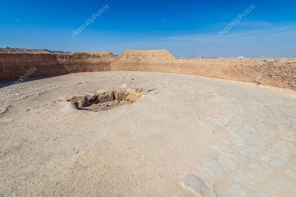 Circular centre of Tower of Silence, Zoroastrian ruins in Yazd, Iran 2023