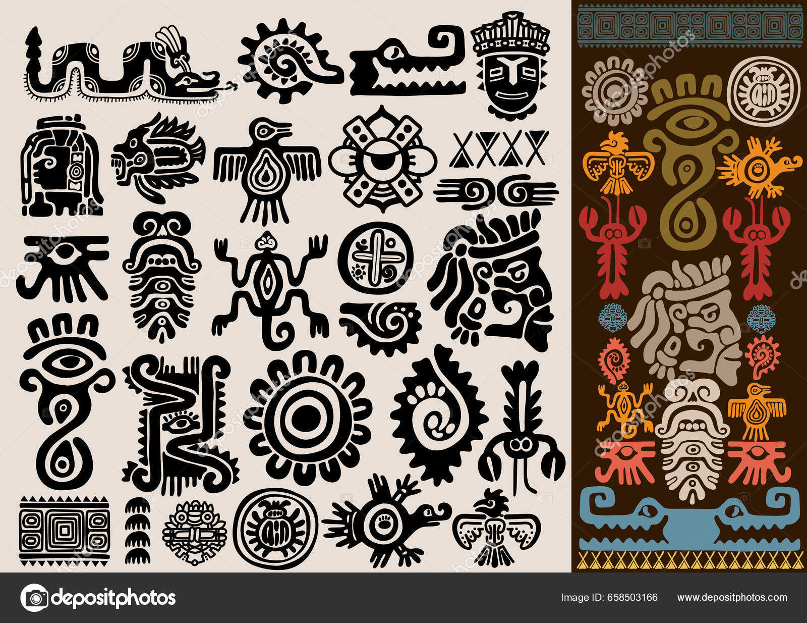 Mexican Gods Symbols Set Aztec Animal Bird Totem Idols Ancient Stock ...