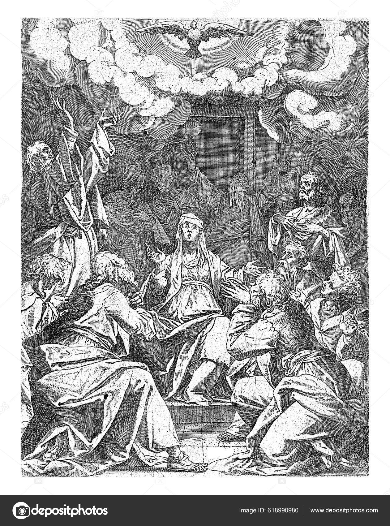 Holy Spirit Form Dove Descends Mary Apostles Stock Illustration by ...